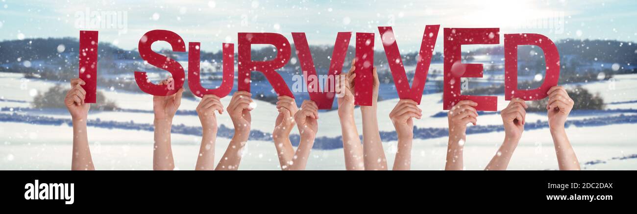 People Hands Holding Colorful English Word I Survived. Snowy Winter ...