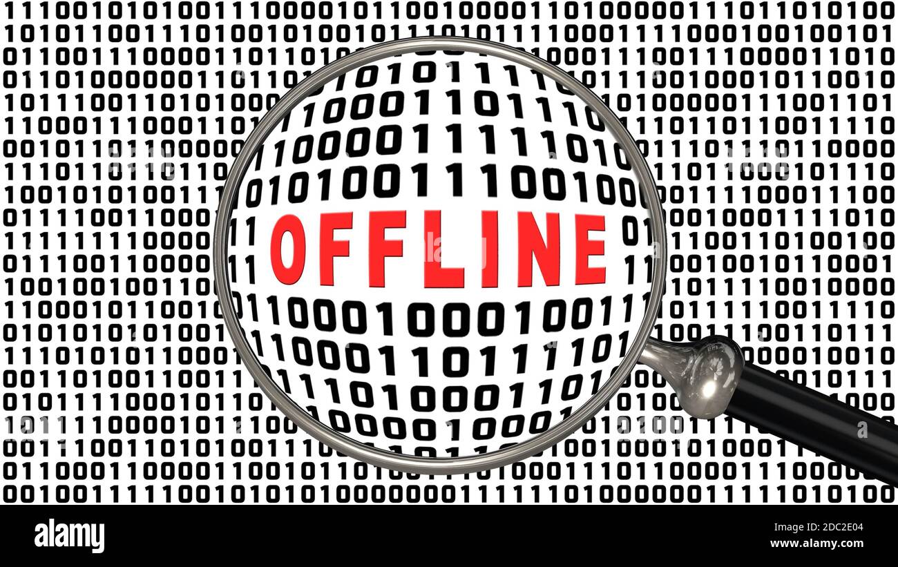 OFFLINE - red lettering shown in a magnifying glass in front of a white ...
