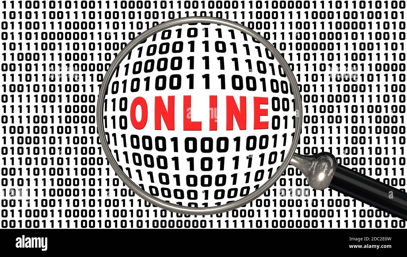 ONLINE - red lettering shown in a magnifying glass in front of a white ...