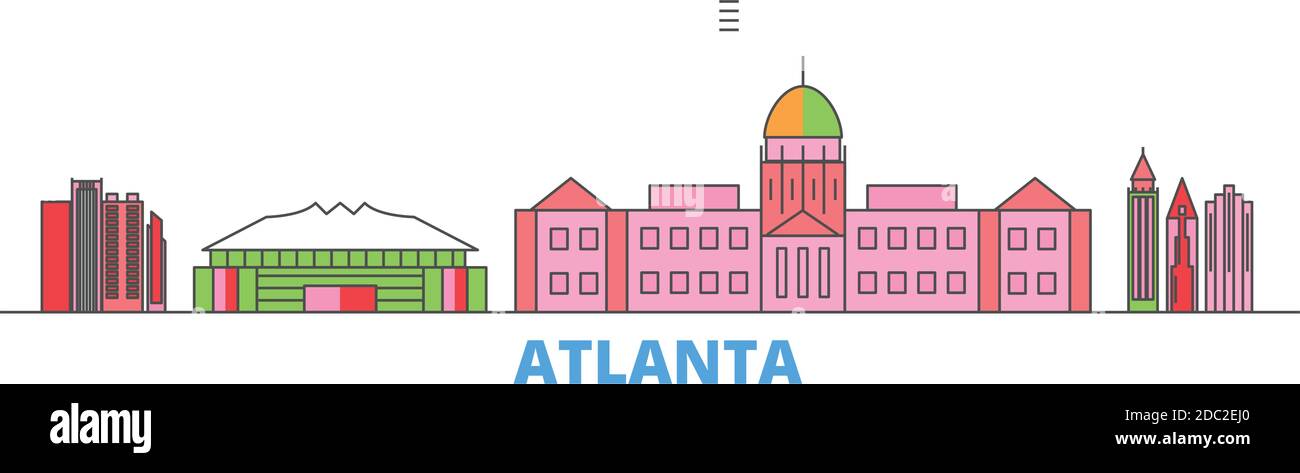 United States, Atlanta line cityscape, flat vector. Travel city ...