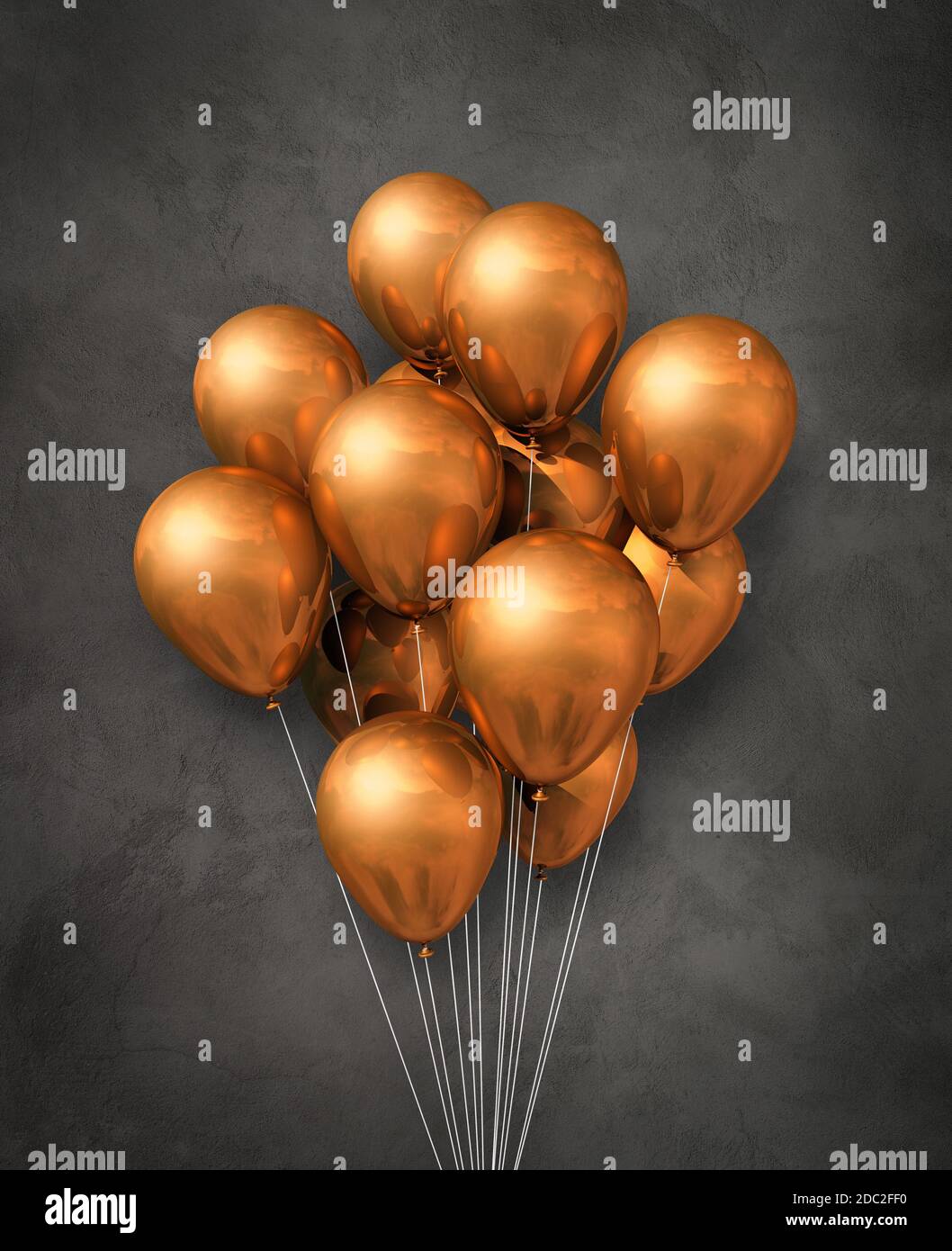 Copper air balloons group on a dark concrete background. 3D ...