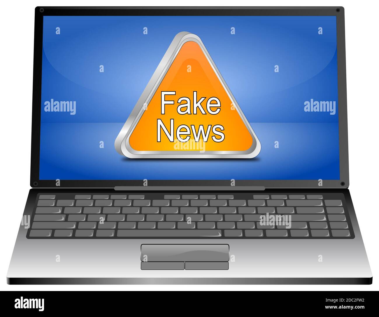 Laptop Computer with orange Fake News warning sign on blue desktop - 3D ...