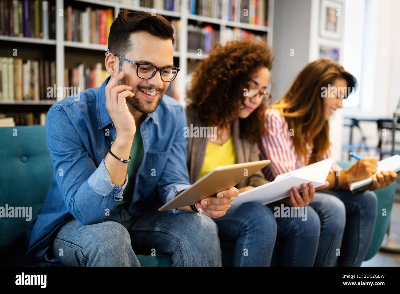 Group of students study at library. Learning and preparing for ...