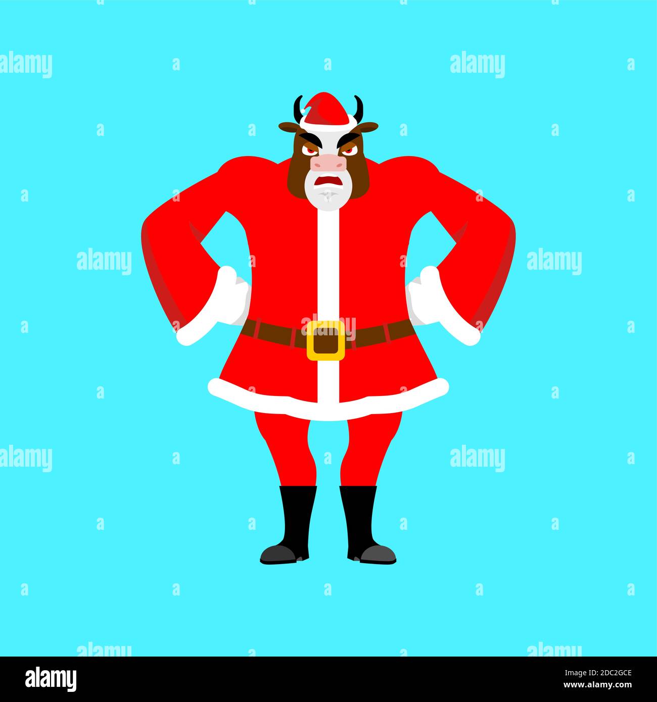 Angry Santa bull. Aggressive cow in red suit. Evil Christmas farm ...