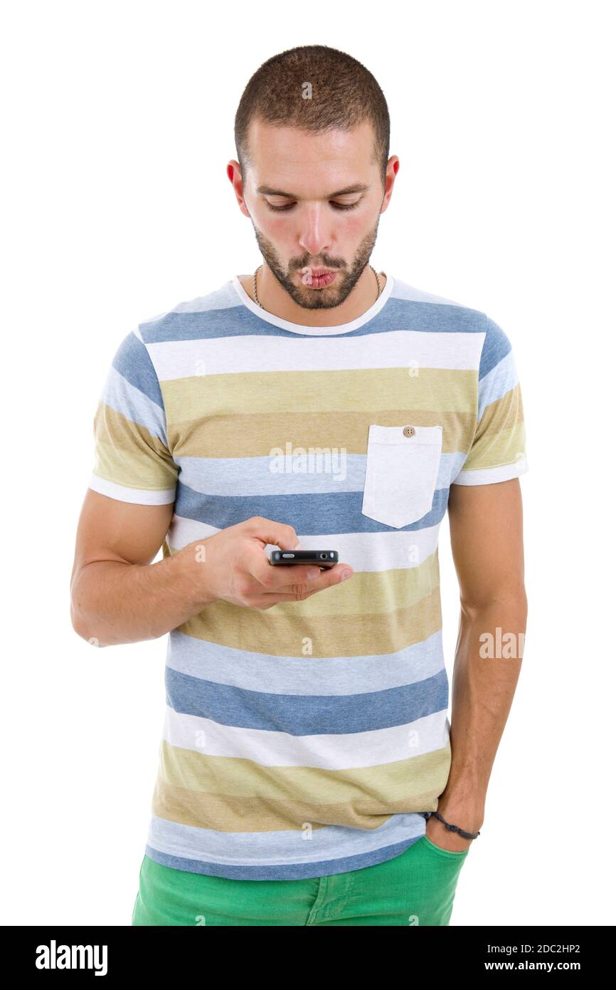 young man with a phone, isolated on white Stock Photo - Alamy