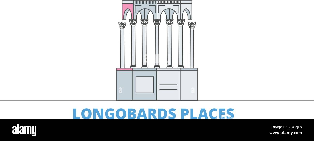 Italy, Longobards Places line cityscape, flat vector. Travel city ...