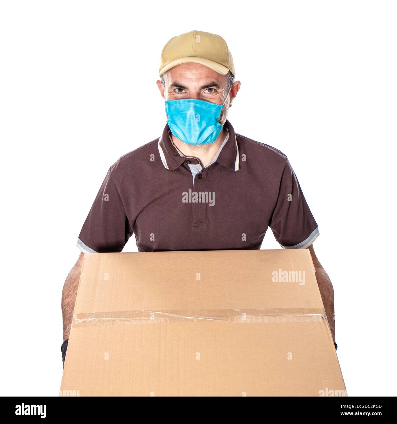delivery man wearing protection mask isolated on white Stock Photo - Alamy
