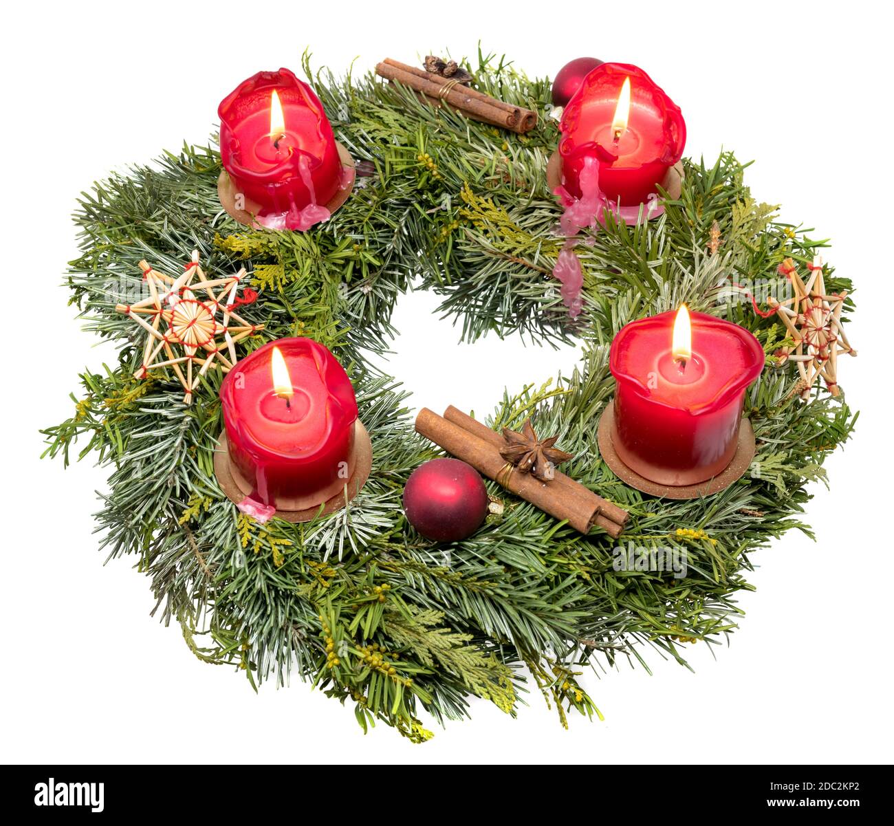 Top view of a decorated Christmas wreath made of fir branches with ...