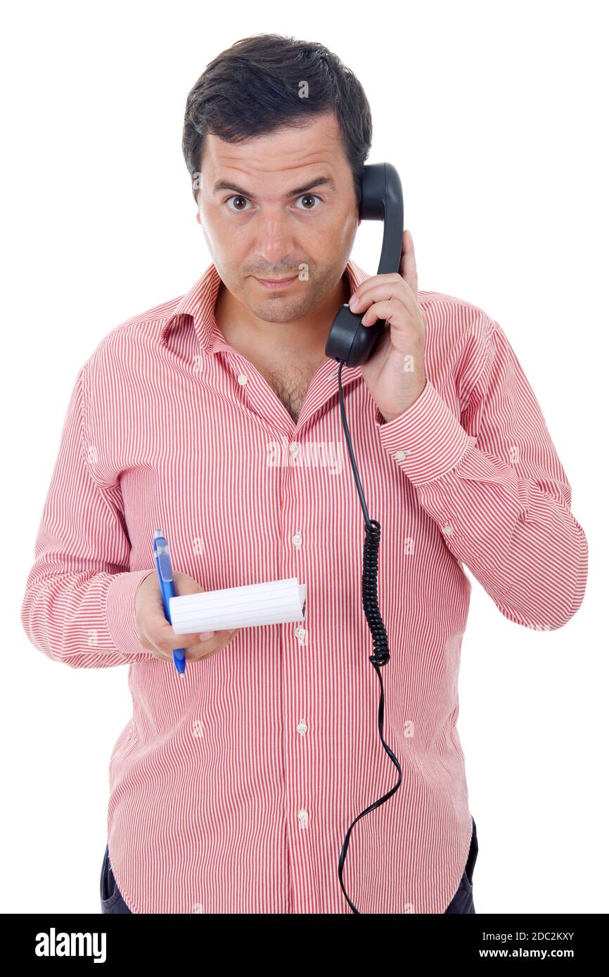 young man with a phone, isolated on white Stock Photo - Alamy