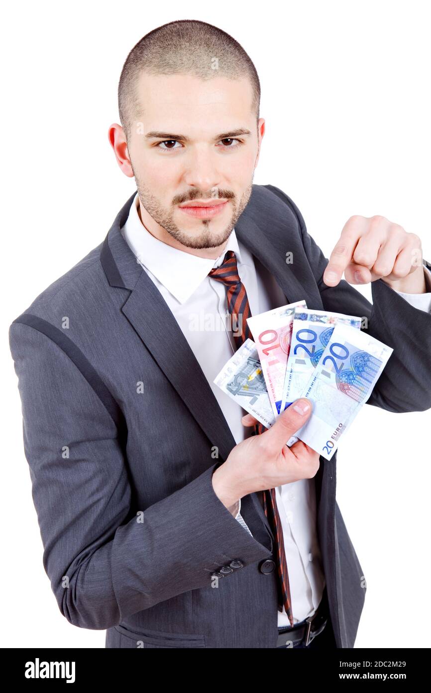 young business man with money over white background Stock Photo - Alamy