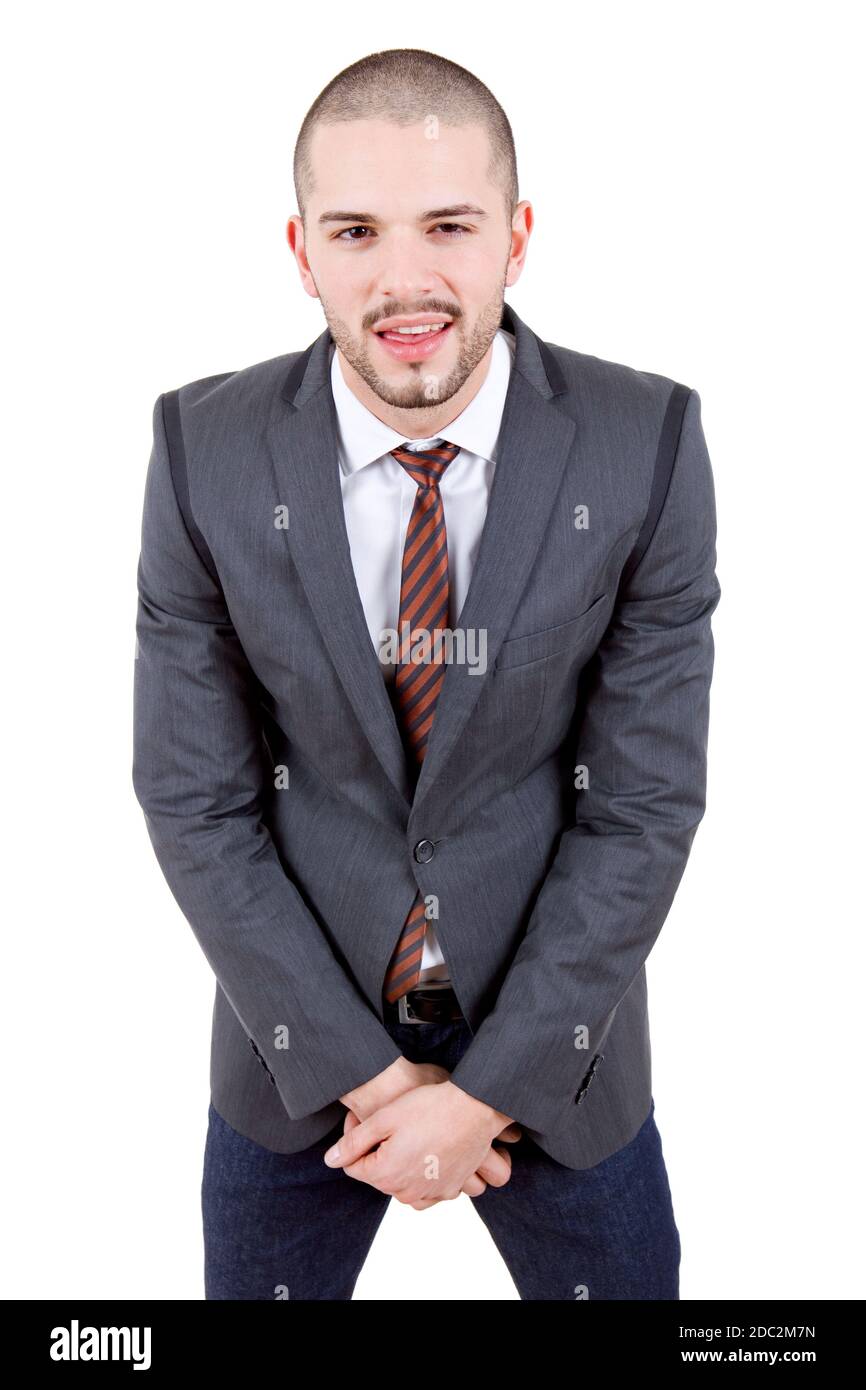 young silly business man portrait isolated on white Stock Photo - Alamy