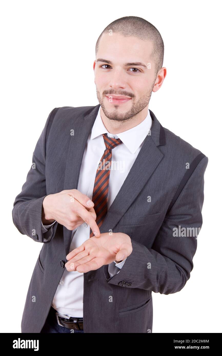 young business man pointing to his hand, isolated on white Stock Photo ...