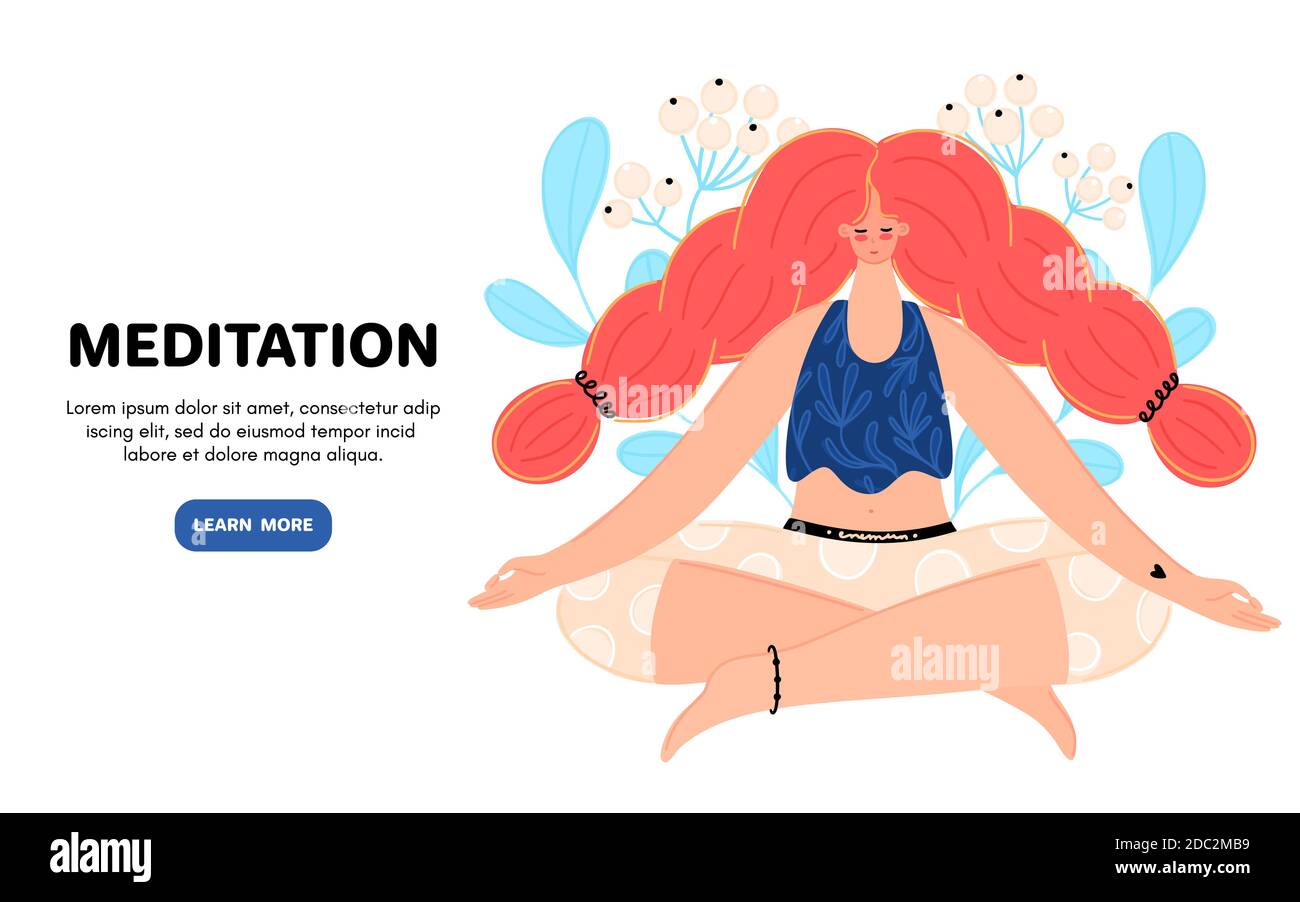 Meditating redhead woman. Concept of meditation. Girl with braids sits ...