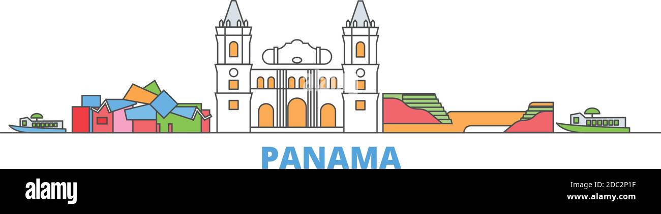 Panama line cityscape, flat vector. Travel city landmark, oultine ...