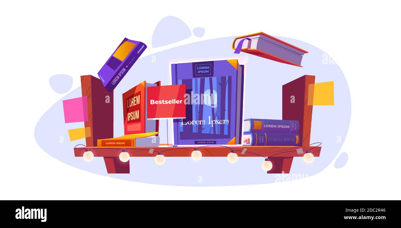 Bestseller and books stand on wooden bookshelf. Booklet, diary volumes ...