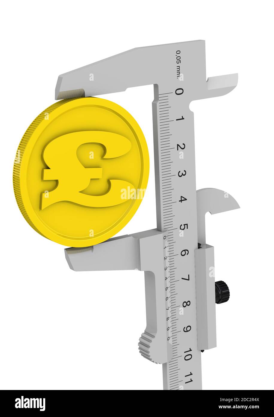 Caliper measures the golden coin with the symbol of the British Pound ...