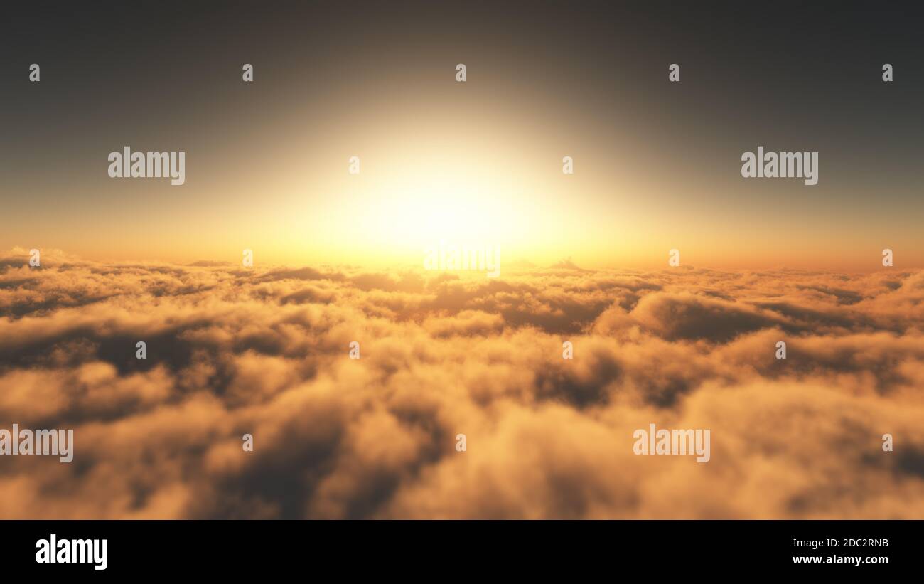 sunset over clouds, sun ray, 3d render illustration Stock Photo - Alamy