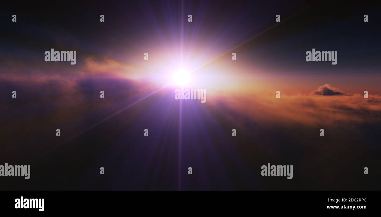 sunset over clouds, sun ray, 3d render illustration Stock Photo - Alamy