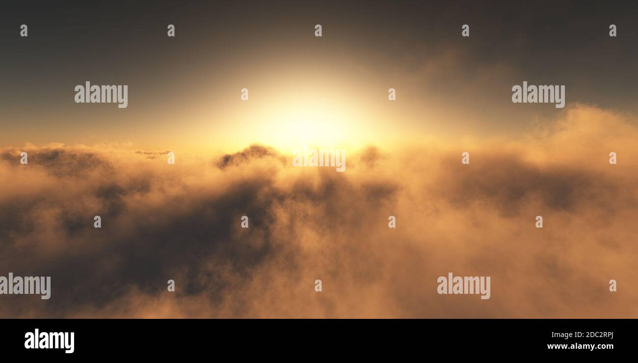 sunset over clouds, sun ray, 3d render illustration Stock Photo - Alamy