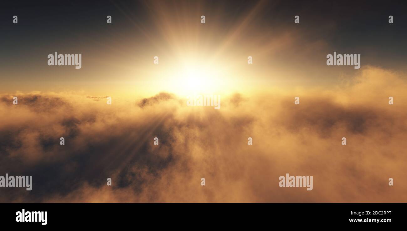 sunset over clouds, sun ray, 3d render illustration Stock Photo - Alamy