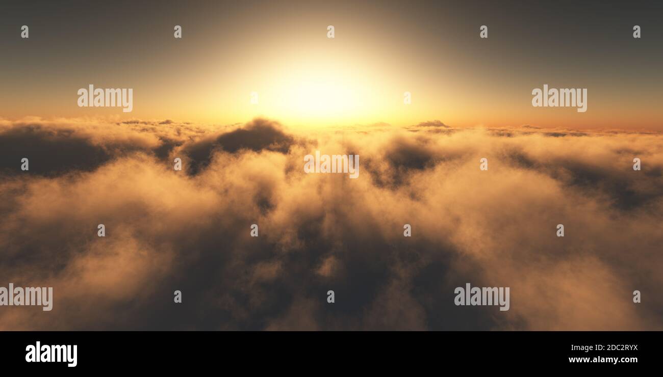 sunset over clouds, sun ray, 3d render illustration Stock Photo - Alamy