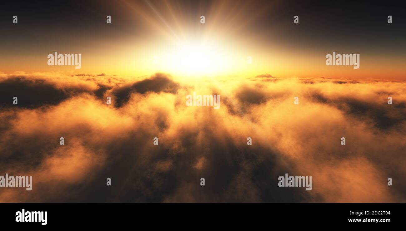 sunset over clouds, sun ray, 3d render illustration Stock Photo - Alamy