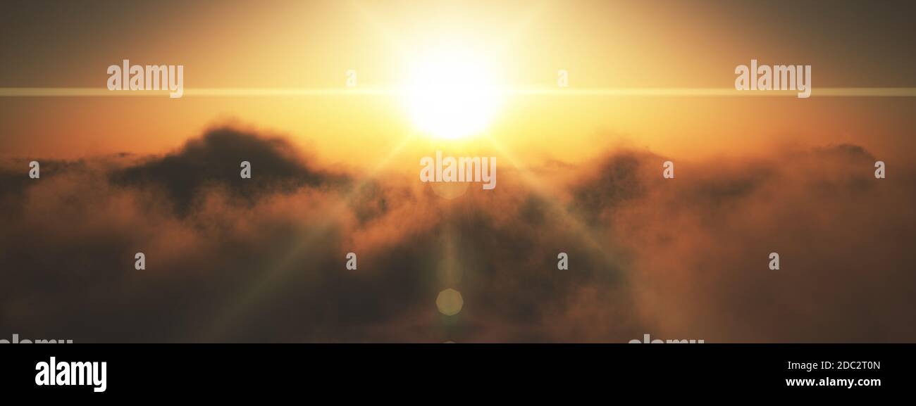 sunset over clouds, sun ray, 3d render illustration Stock Photo - Alamy