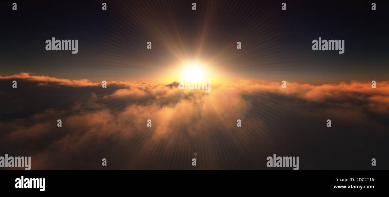 sunset over clouds, sun ray, 3d render illustration Stock Photo - Alamy