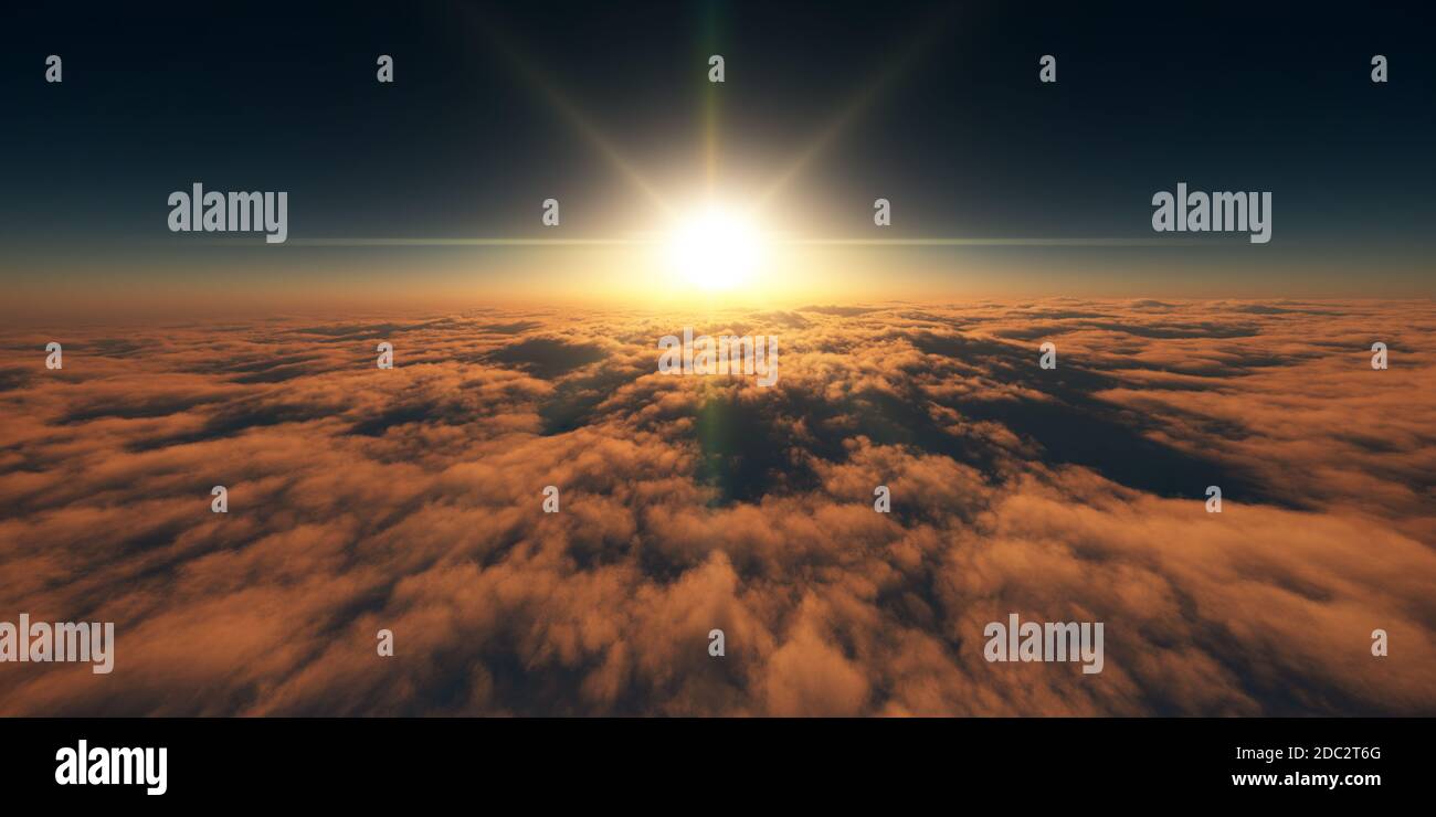 sunset over clouds, sun ray, 3d render illustration Stock Photo - Alamy