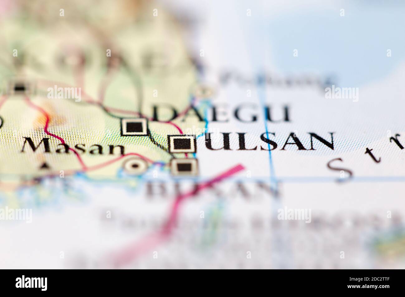Shallow depth of field focus on geographical map location of Ulsan ...