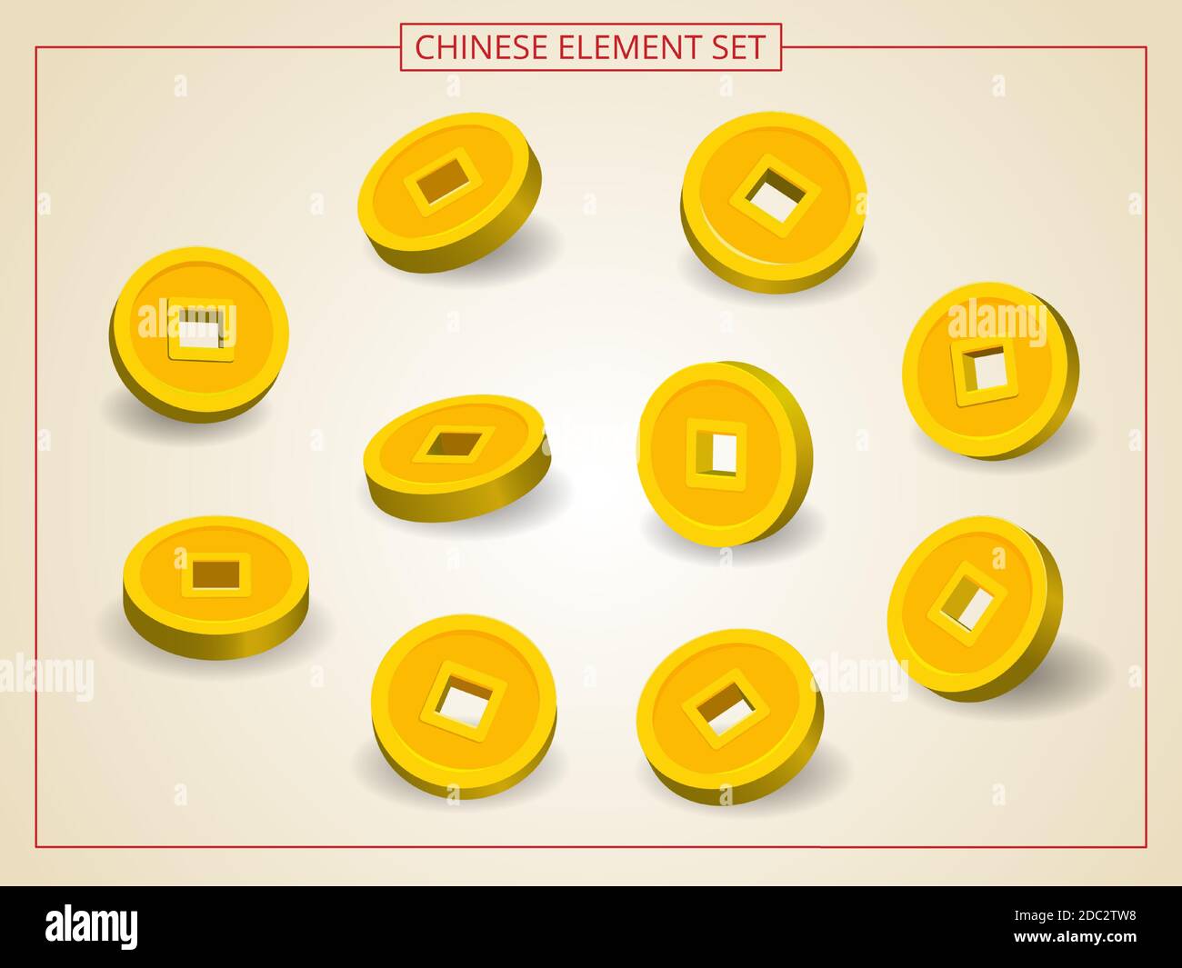 Chinese golden coins in several angles in papercut style.. Suitable for ...