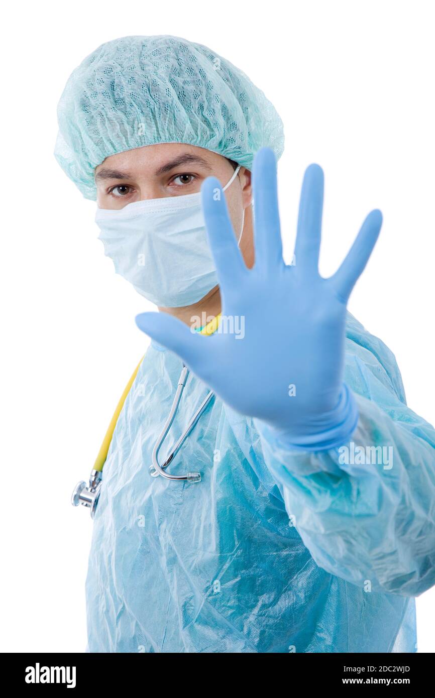 young male doctor going stop with his hand, isolated Stock Photo - Alamy