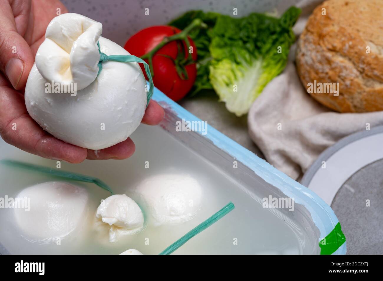 Cheese maker holds in hand fresh soft Italian cheese from Puglia, white ...