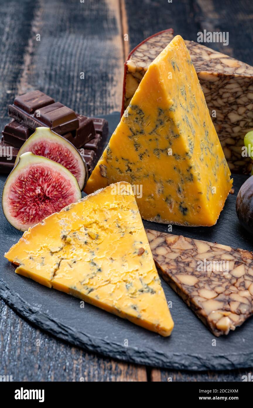 British and Irish cheeses, tasting plate with blue shropshire, brown ...