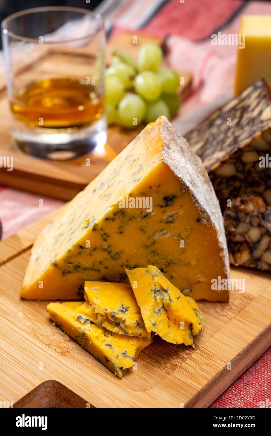 British and Irish cheeses, tasting plate with blue shropshire, brown ...