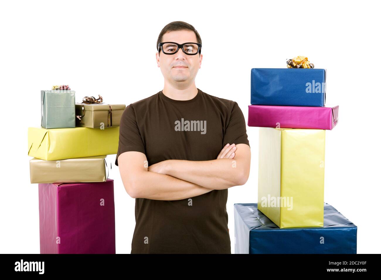 happy silly salesman with some boxes, isolated on white Stock Photo - Alamy