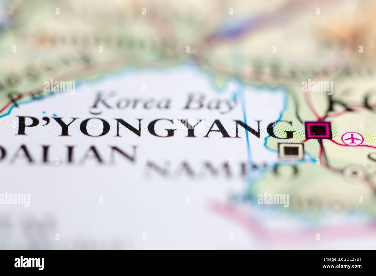 Shallow depth of field focus on geographical map location of Pyongyang ...