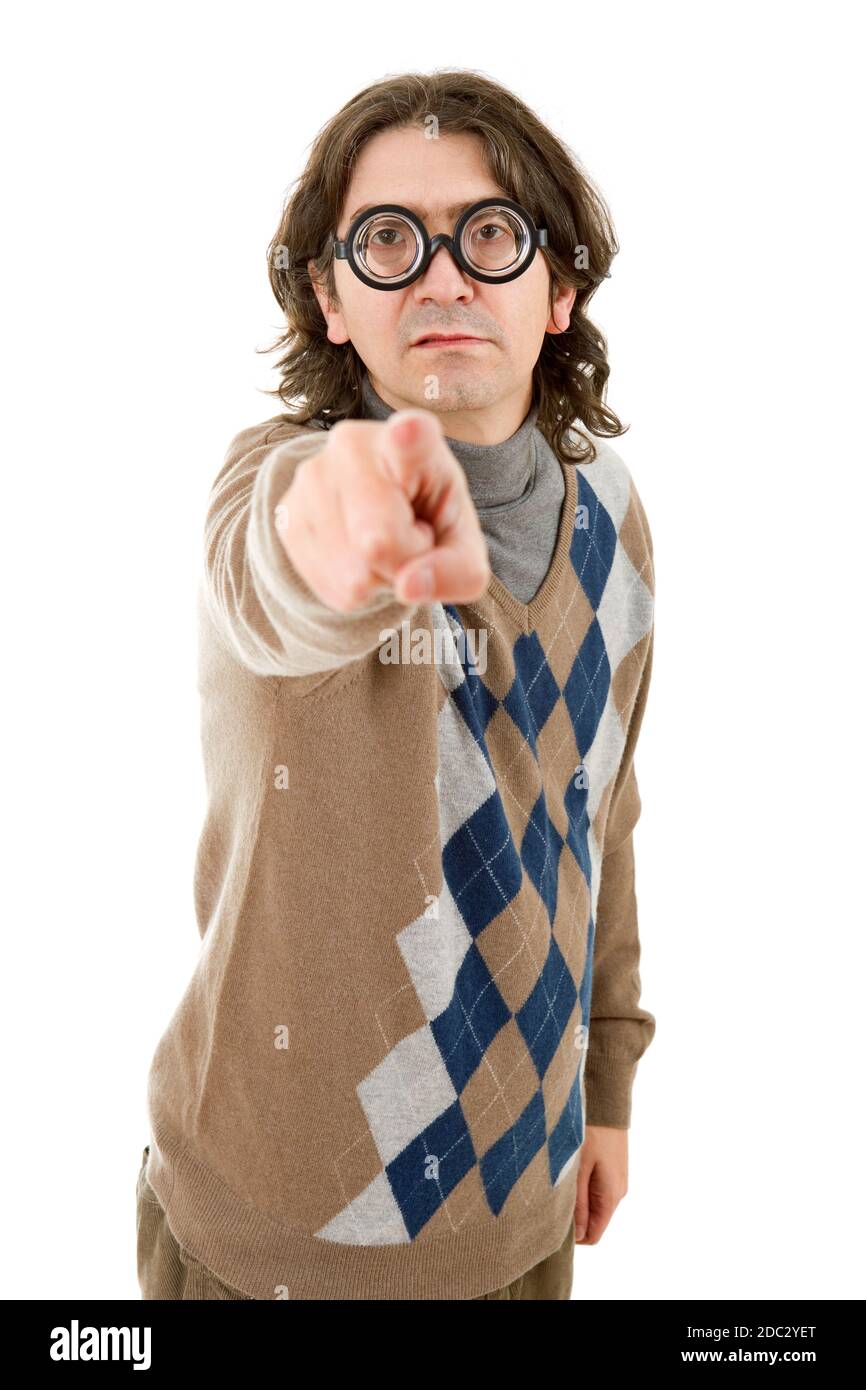 geek man pointing isolated on white background Stock Photo - Alamy