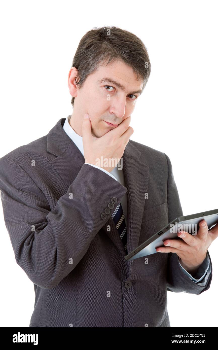 businessman using touch pad of tablet pc, isolated Stock Photo - Alamy