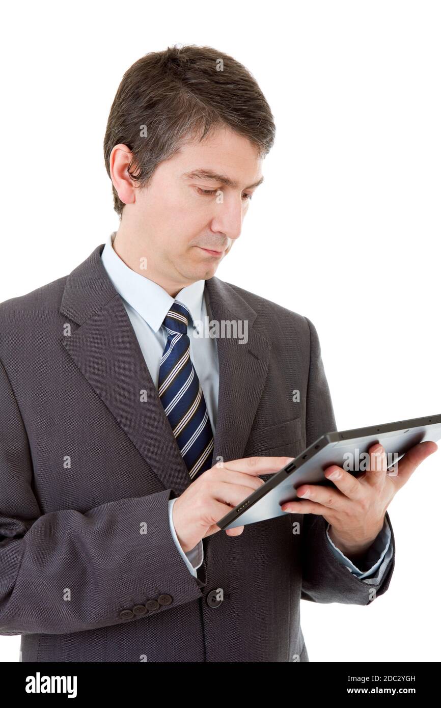 businessman using touch pad of tablet pc, isolated Stock Photo - Alamy