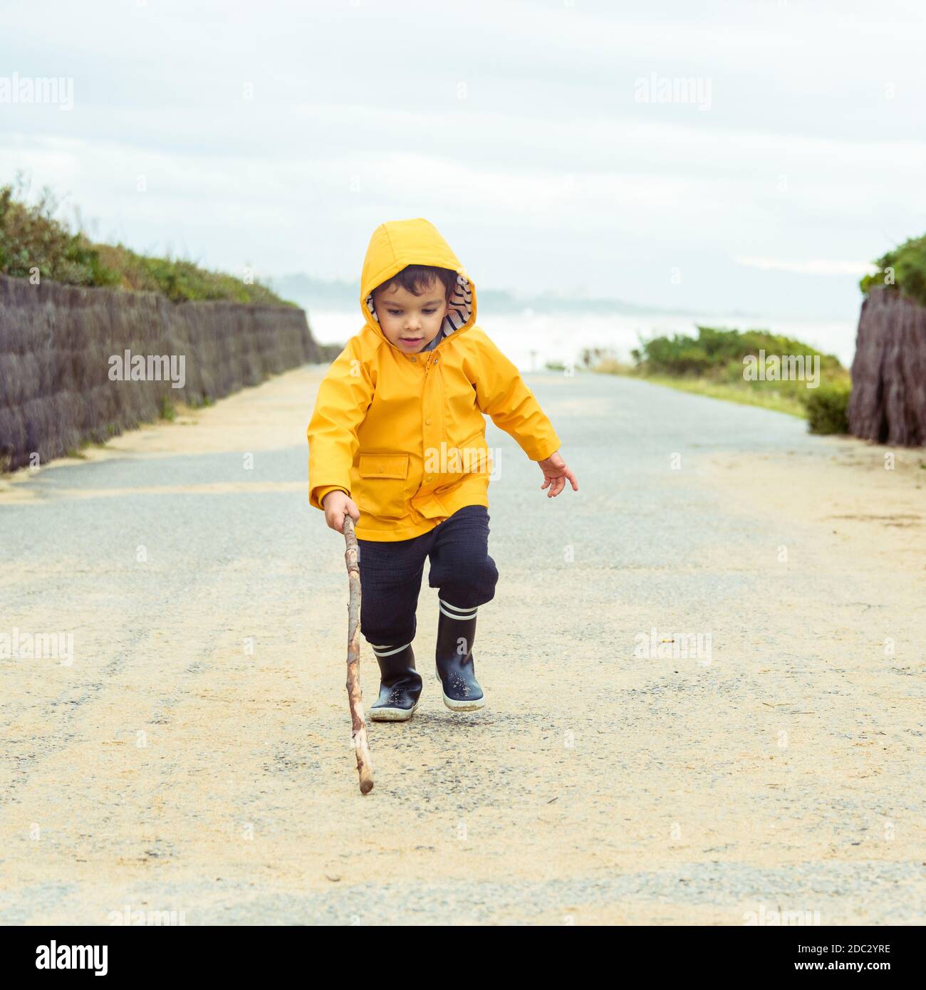 Little boy playing with wood stick Stock Photo - Alamy