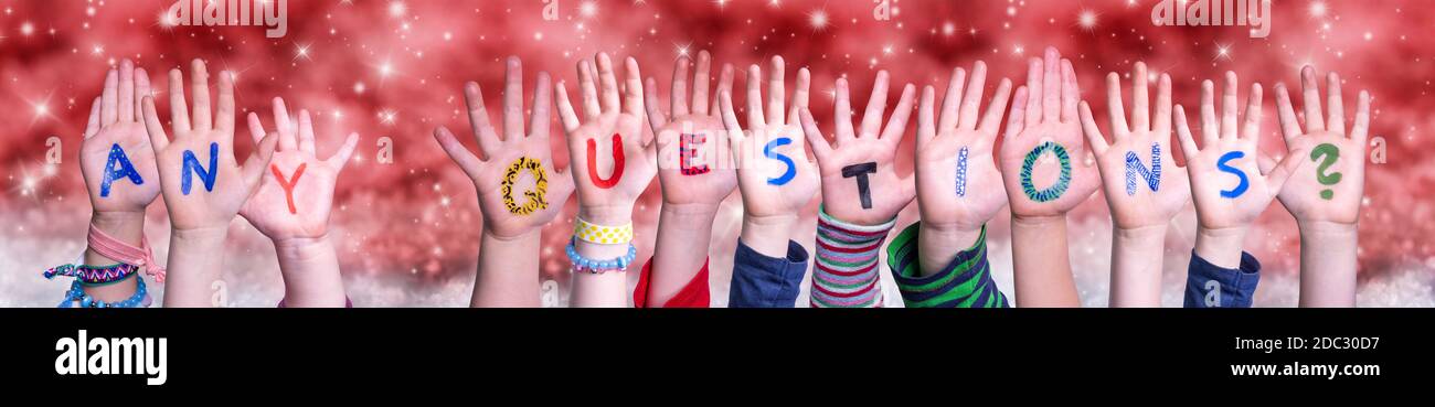 Children Hands Building Colorful English Word Any Questions. Red Snowy ...
