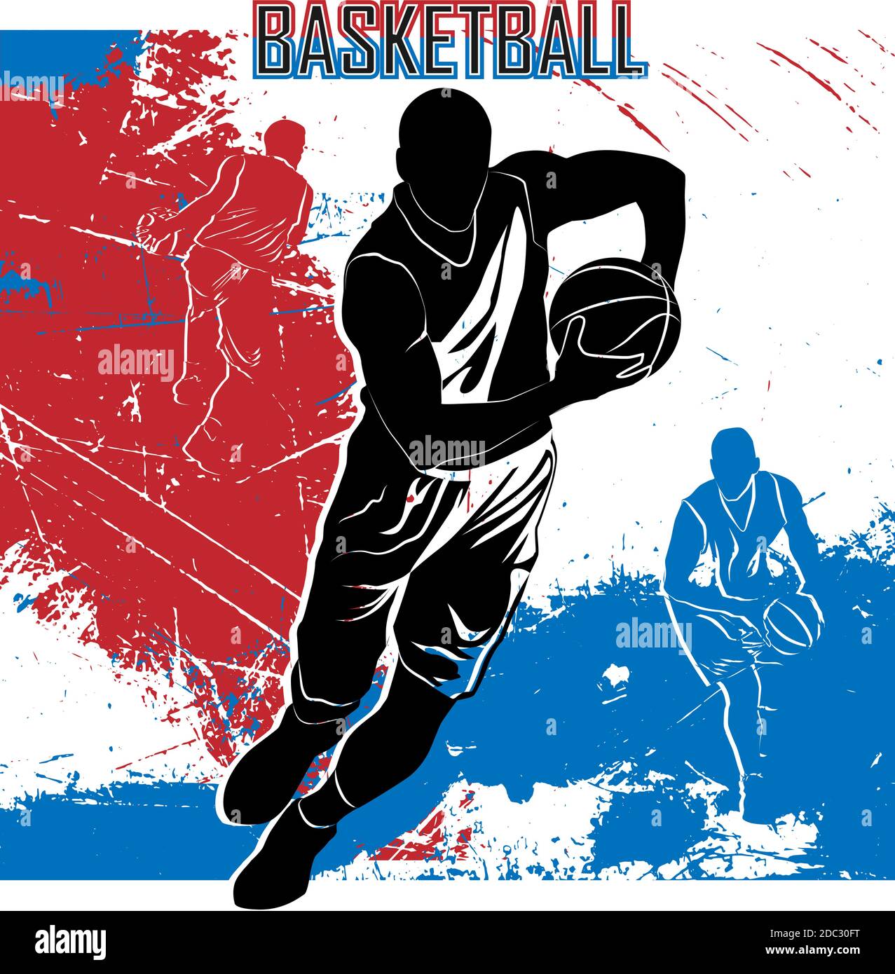 Basketball player running with ball, grungy vector silhouette Stock ...