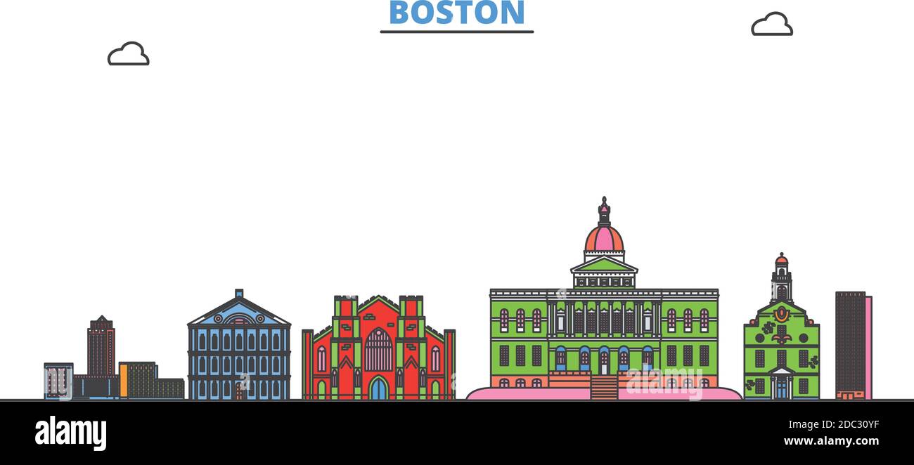 United States, Boston line cityscape, flat vector. Travel city landmark ...