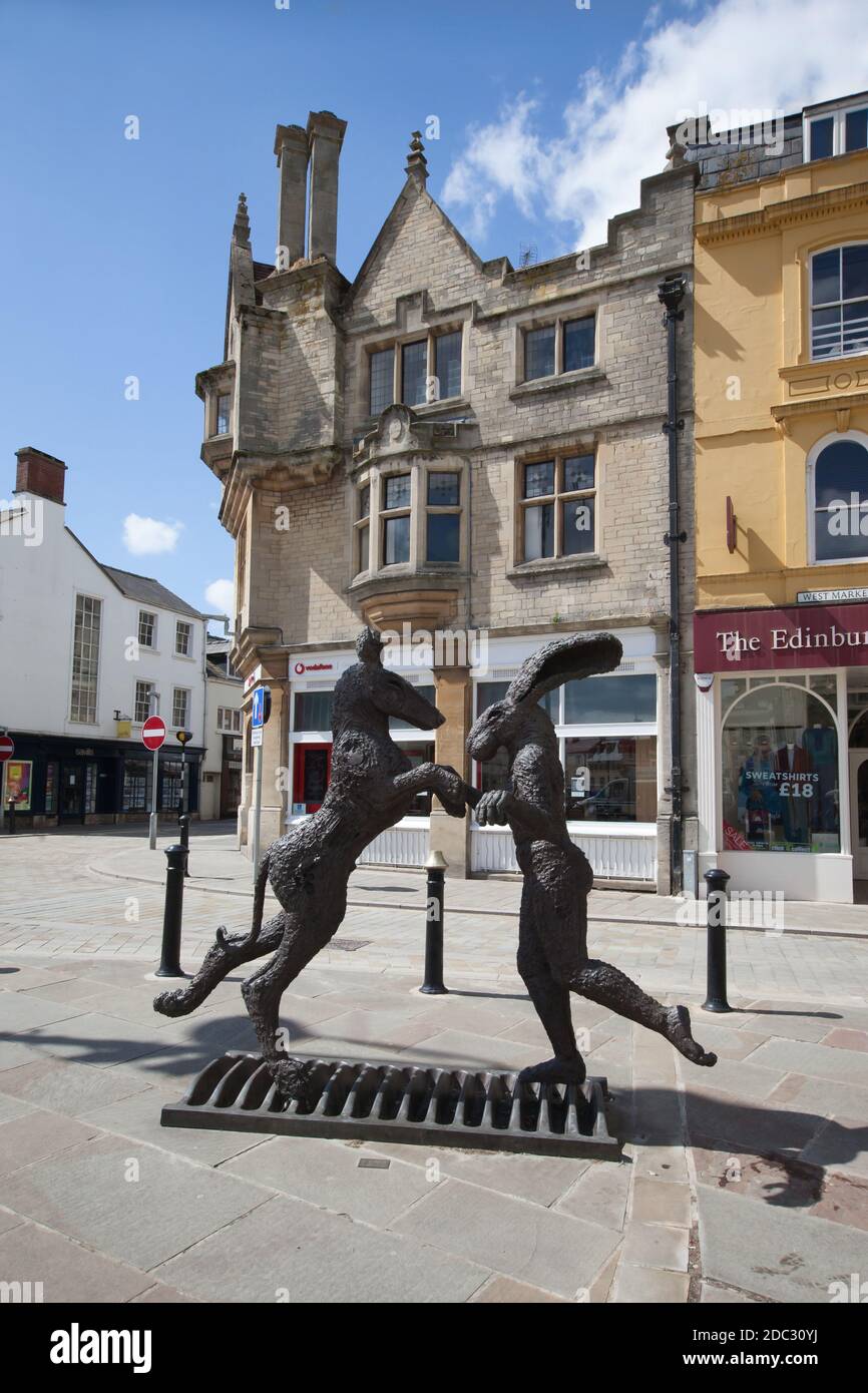 Cirencester, Gloucestershire, UK 05 15 2020 A sculpture of a hare and a ...