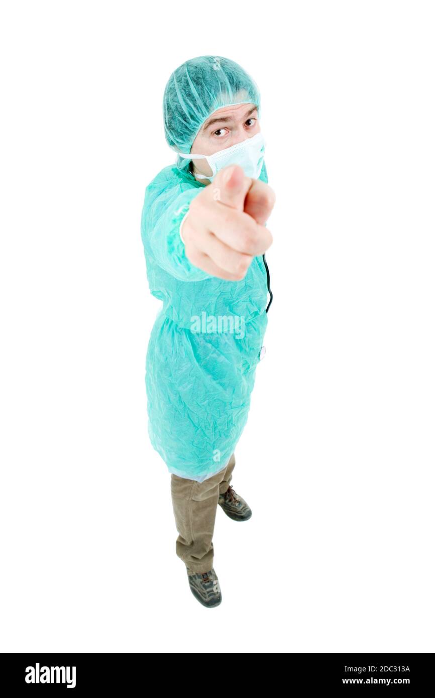 young male doctor pointing, full length, isolated Stock Photo - Alamy
