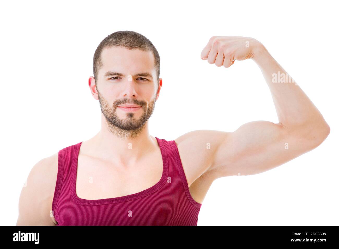 happy young man winning with open arm, isolated on white background ...