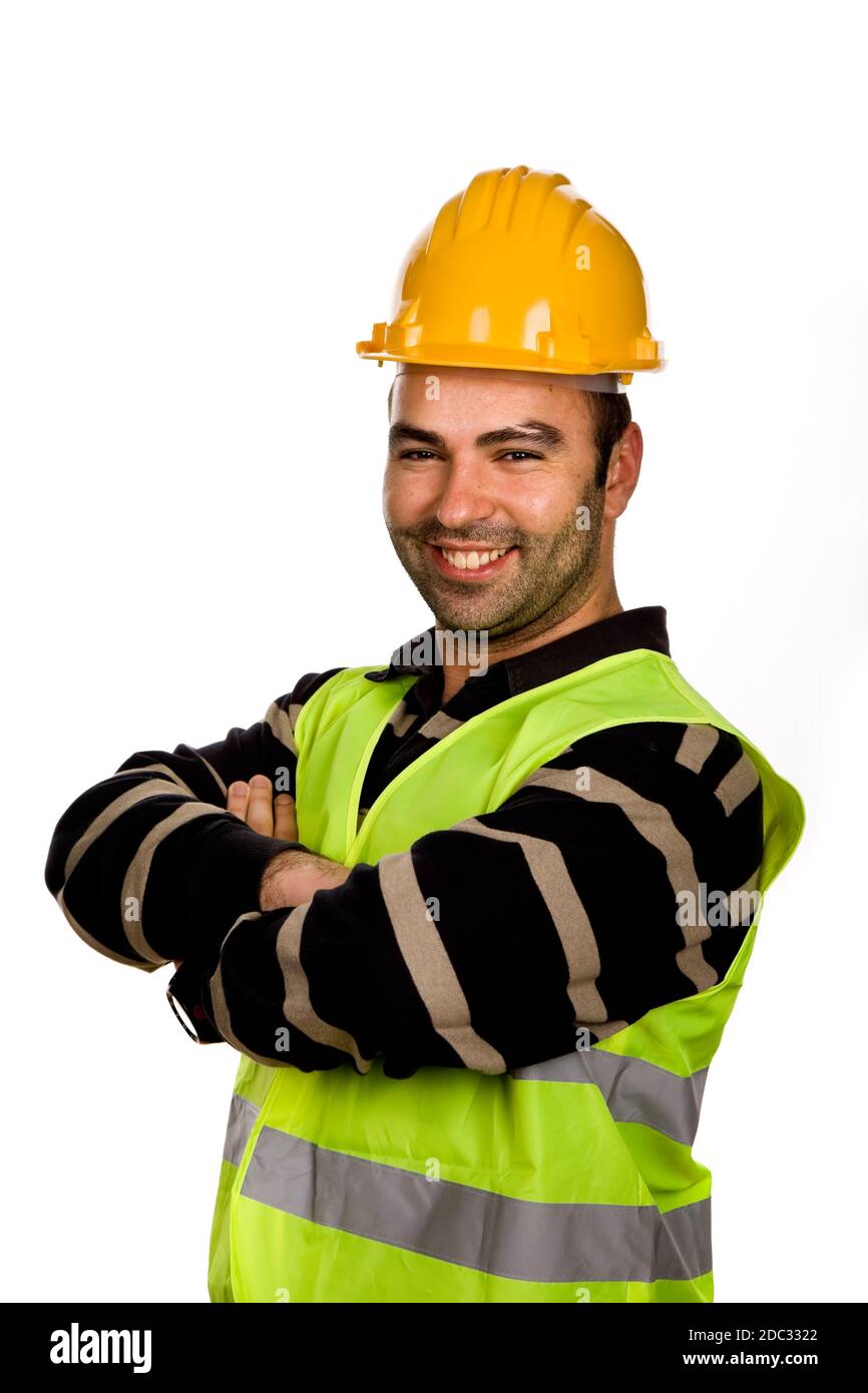 young worker portrait in a white background Stock Photo - Alamy