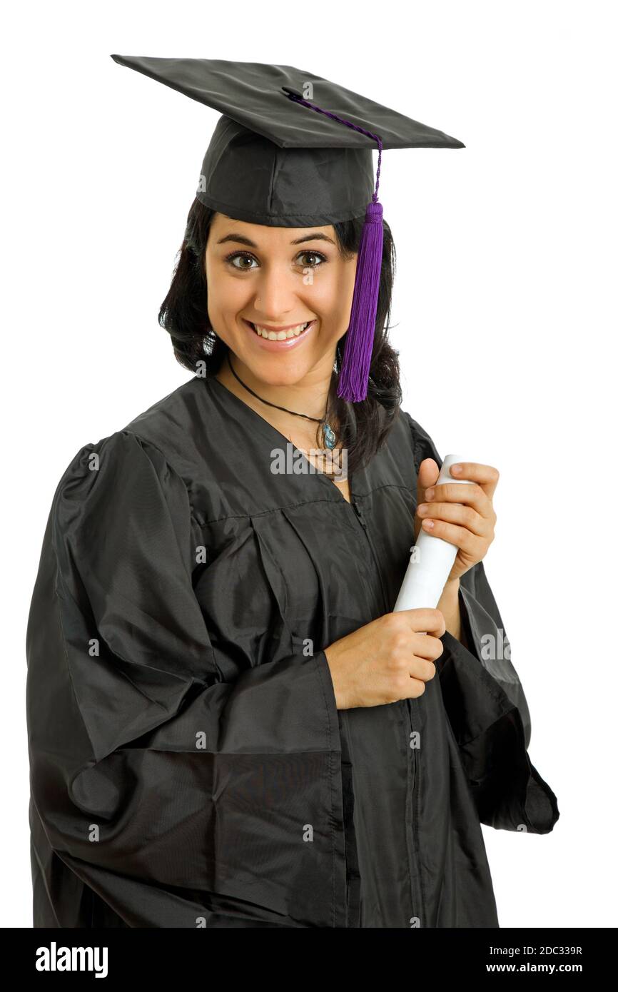 happy young woman on graduation day, isolated on white Stock Photo - Alamy
