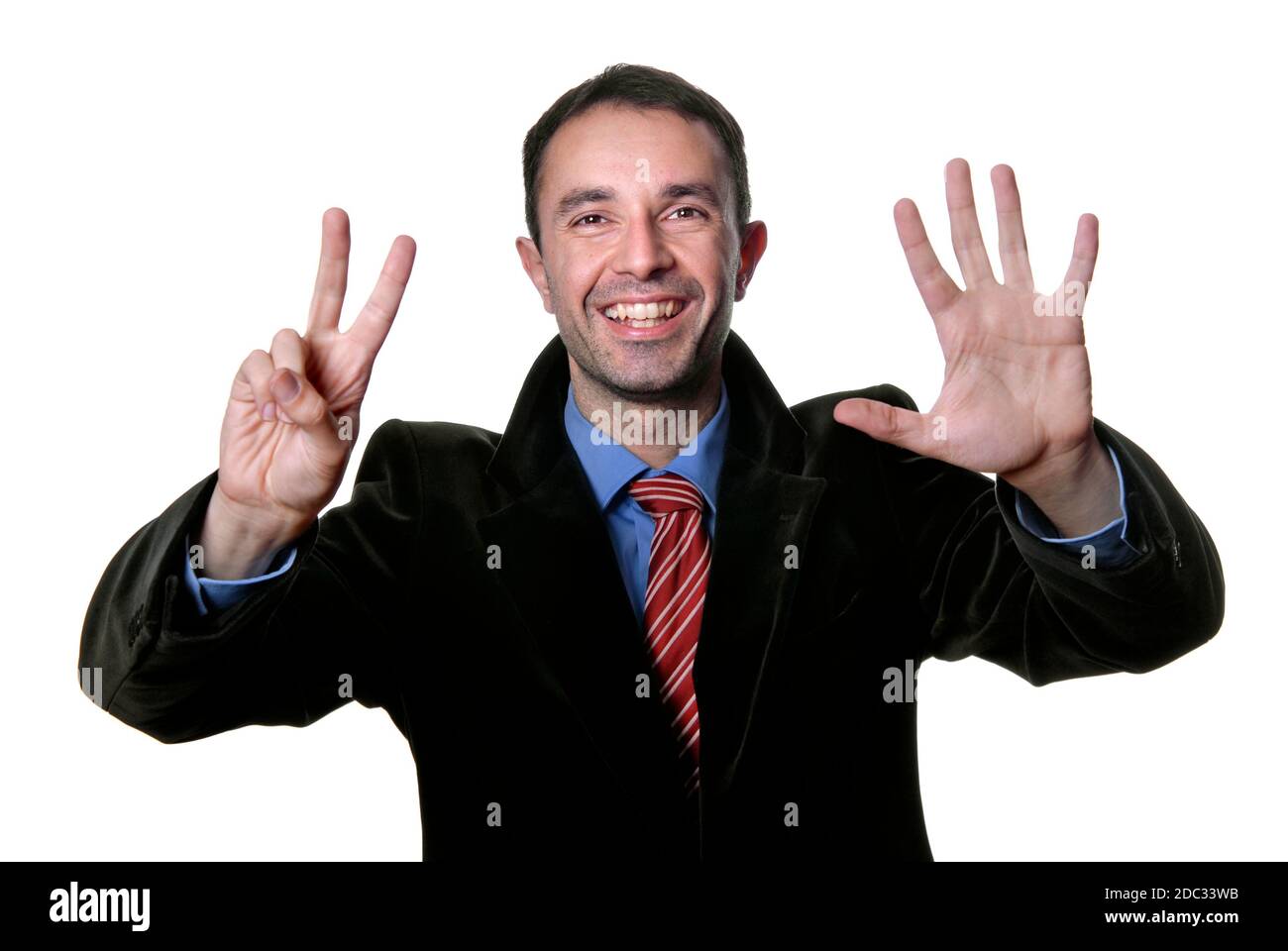 man with hand open isolated on white Stock Photo - Alamy